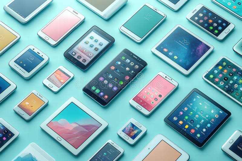 Multiple Smartphones and Tablets Arranged on Blue Background with ...
