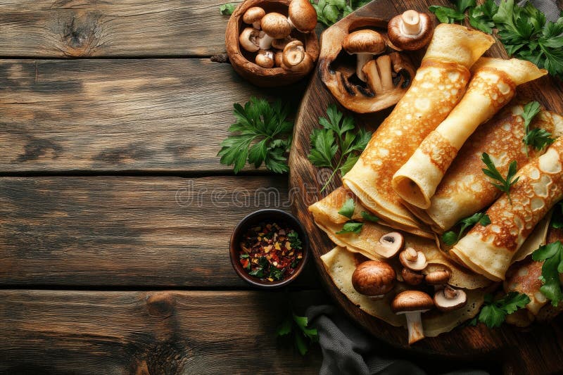 Food Styling, an Array of Mushroom-filled Crepes on a Cozy Wooden Table ...