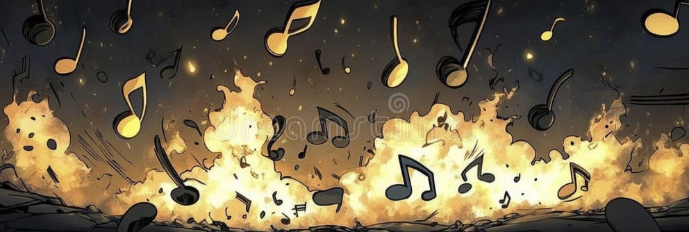 Intense Explosion with Floating Music Notes Above Flames Stock ...