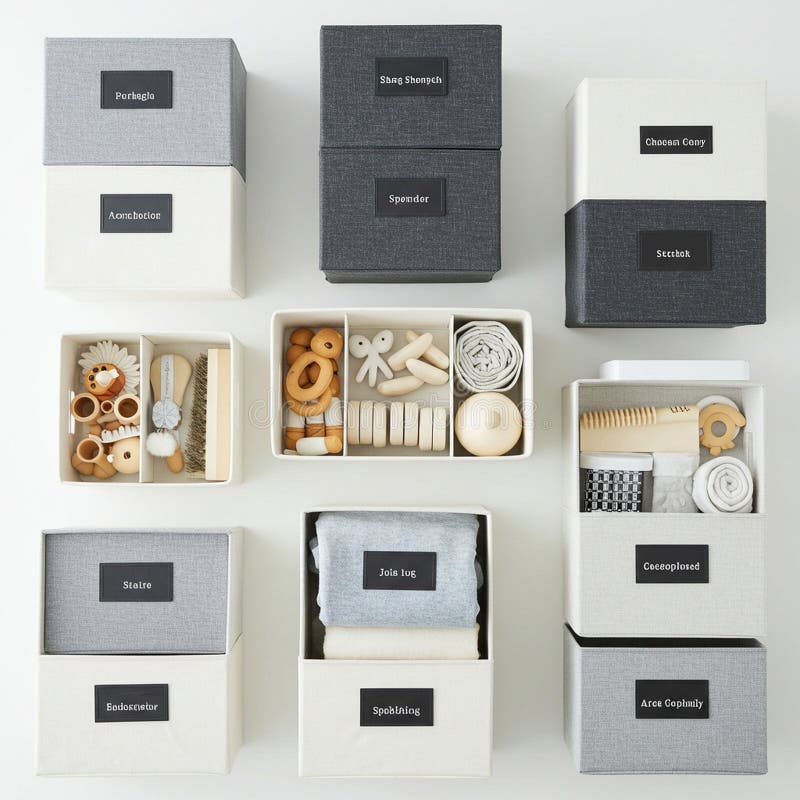 Array of Neatly Organized Storage Boxes Labeled with Nonsensical Text ...