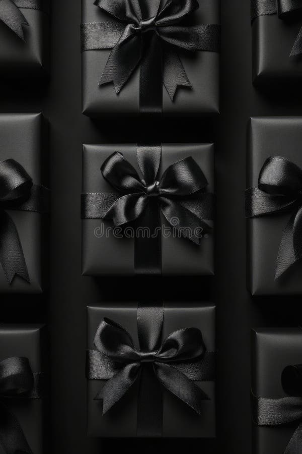An Array of Neatly Wrapped Black Gift Boxes with Elegant Bows, Creating ...