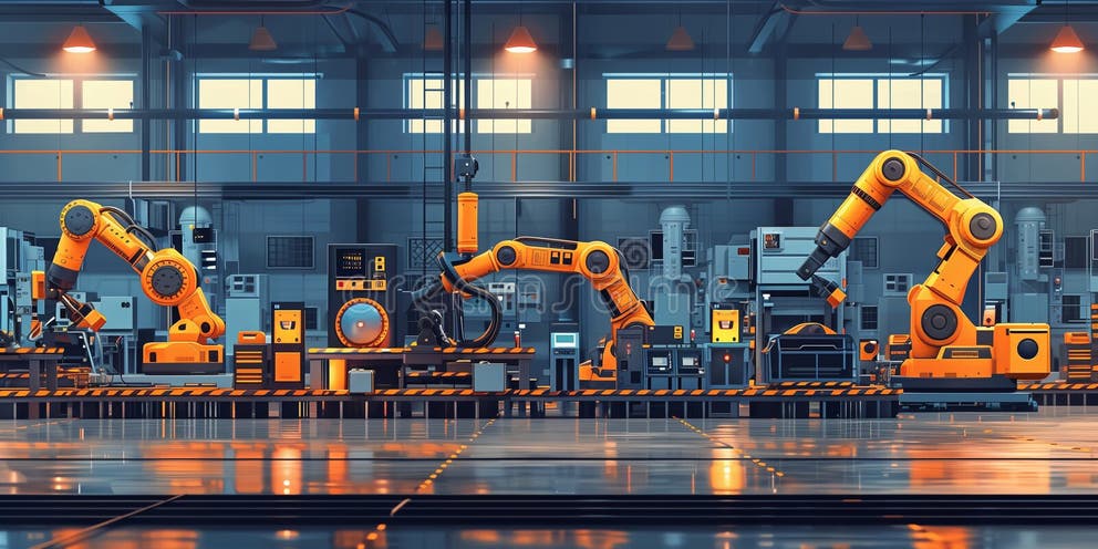 An Array of Orange Industrial Robots in Operation Along an Assembly ...