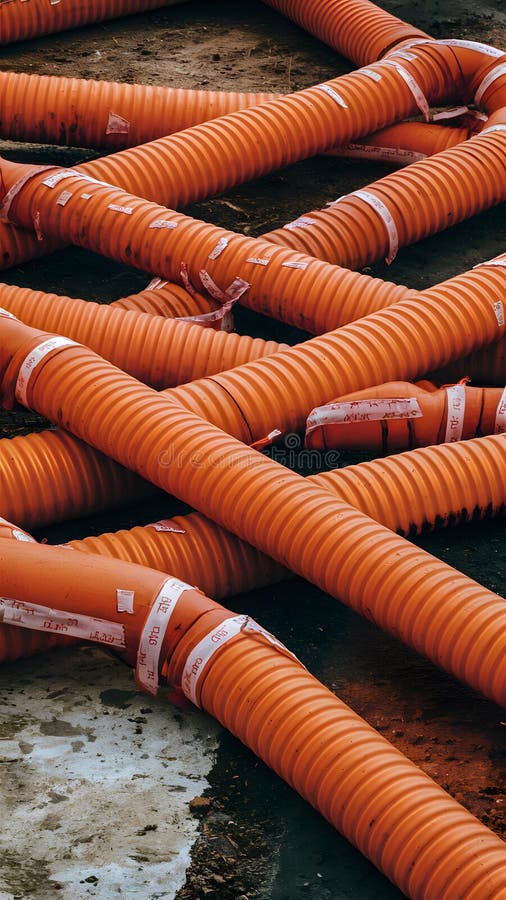 Array of Orange Pipes Linked by White Tape, Laying on Concrete Ground ...