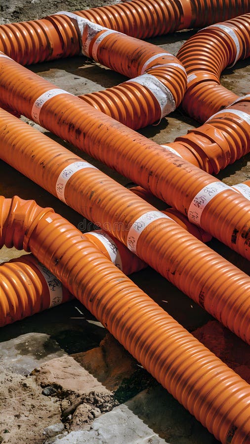 Array of Orange Pipes Linked by White Tape, Laying on Concrete Ground ...