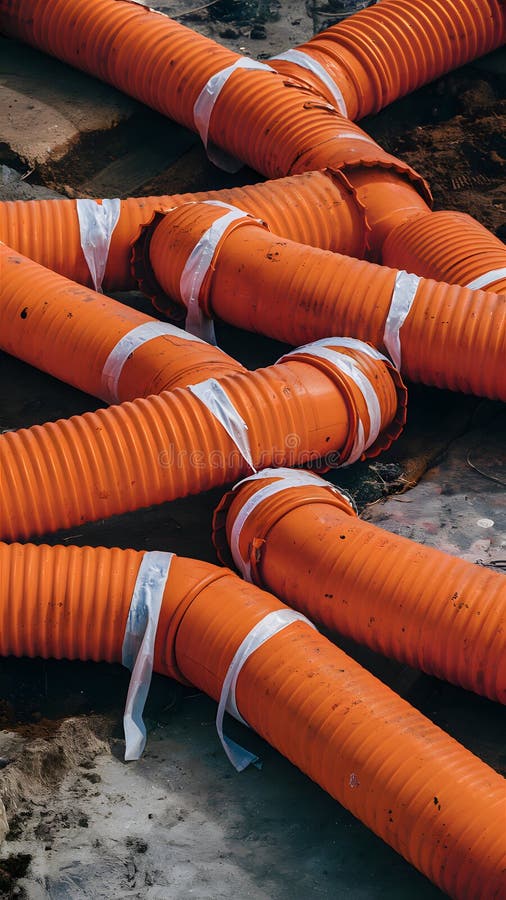 Array of Orange Pipes Linked by White Tape, Laying on Concrete Ground ...