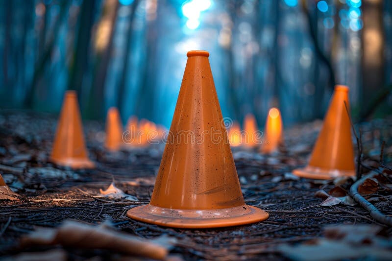 Array of Orange Traffic Cones with Warning Signs and Road Surface ...