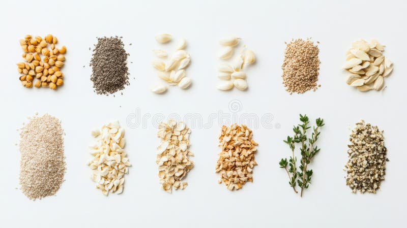 Array of Organic Seeds, Nuts, and Herbs Laid Out on a White Surface ...