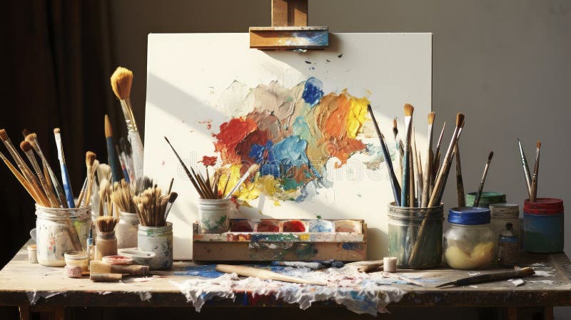 Array of Paints and Brushes Adorn Table in Art Studio Stock ...