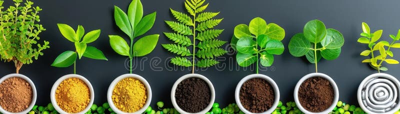 Array of Potted Plants with Different Textures of Soil Against a Dark ...