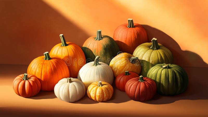 A Vibrant Collection of Pumpkins in Assorted Colors Displayed on a Warm ...