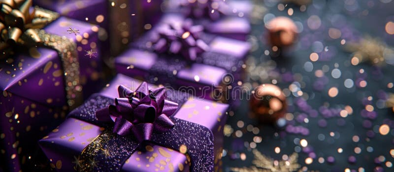 Array of Purple Wrapped Presents on Table Stock Image - Image of ...