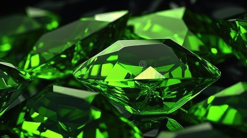 An Array of Radiant Lime Green Gemstones Rests Against a Stark Black ...