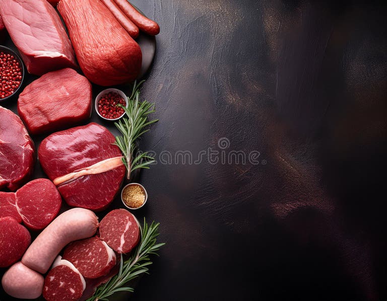 An Array of Raw Lean Meats Arranged Next To Processed Meat Products ...