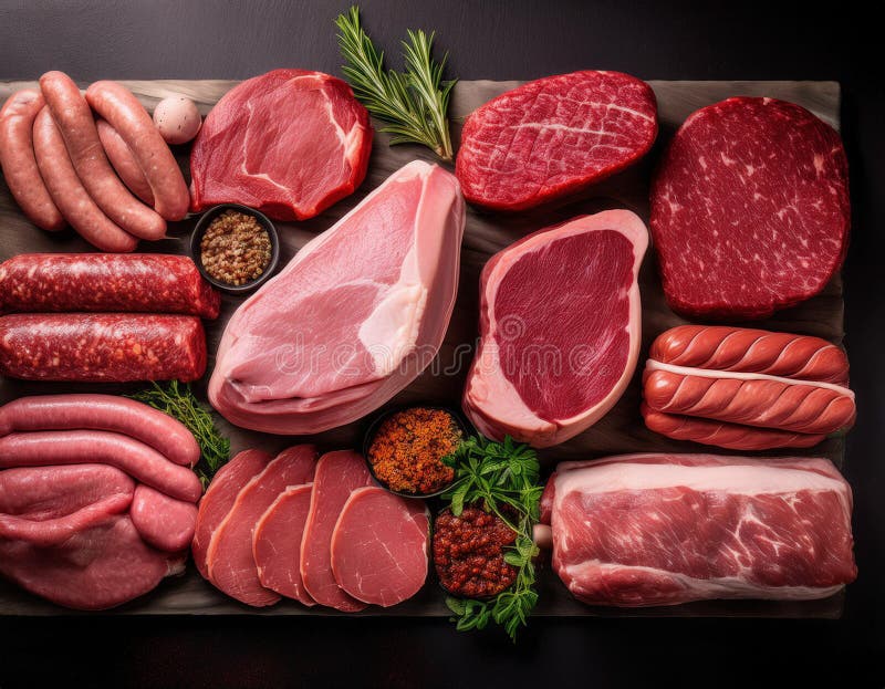 An Array of Raw Lean Meats Arranged Next To Processed Meat Products ...