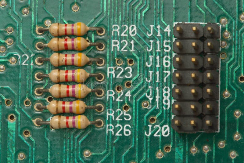 Array Of Soldered Resistors And Jumper Connectors On Pcb Stock Image