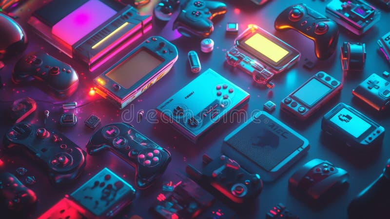 Array of Retro Gaming Controllers with Neon Accents Stock Image - Image ...