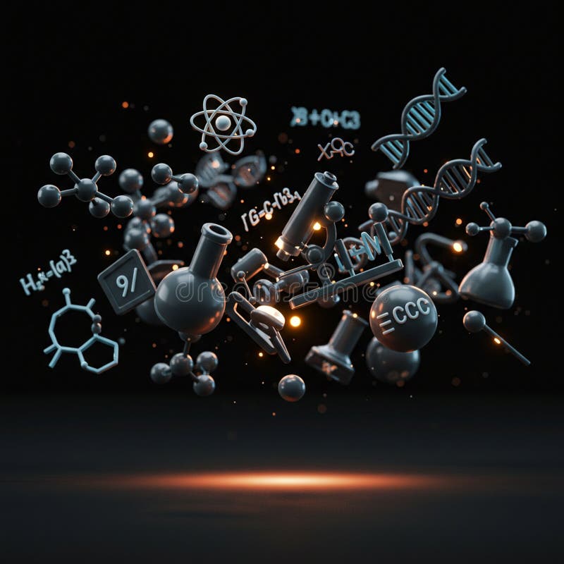 An Array of Scientific Symbols and Molecular Models Floats Against a ...