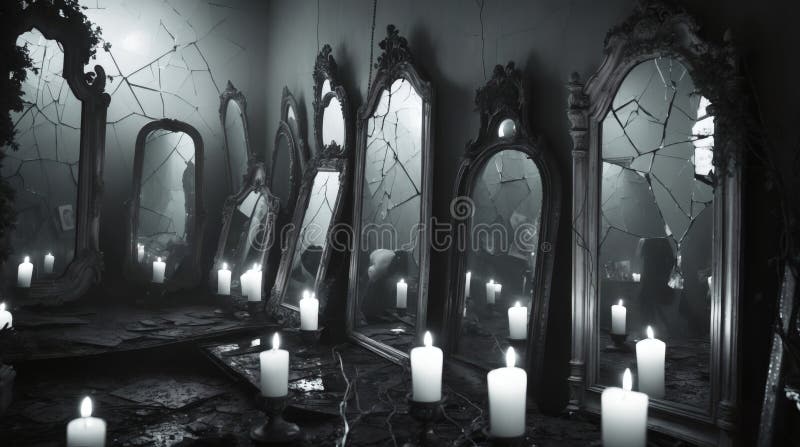 An Array of Shattered Mirrors Dimly Lit by Candlelight Creates an Eerie ...
