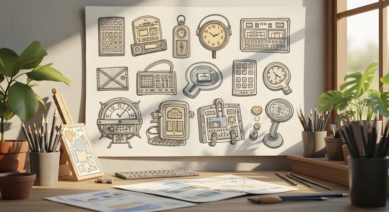 Vintage Electronic Gadgets Sketch on Paperboard Display, Desk with ...
