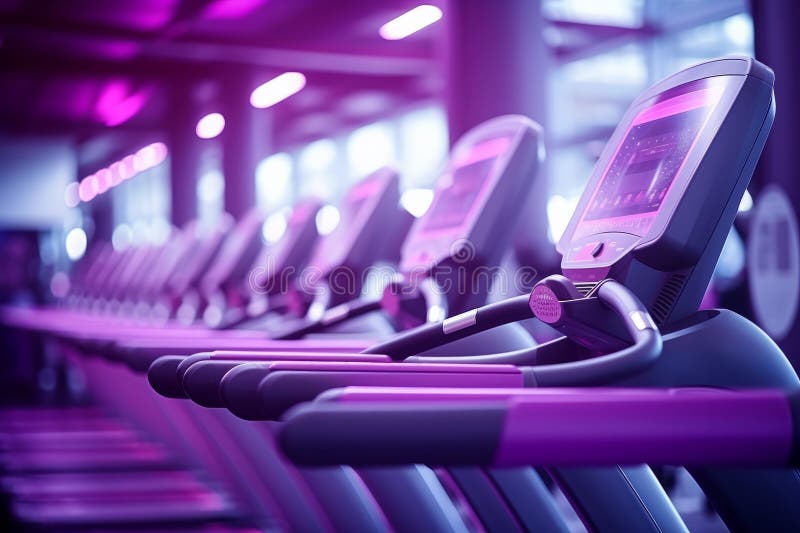 A Row of Modern Treadmills with Vibrant Purple Lighting in a ...