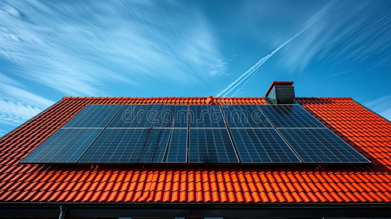 Array of Solar Panels on a Red Roof Reflecting the Sun and the ...