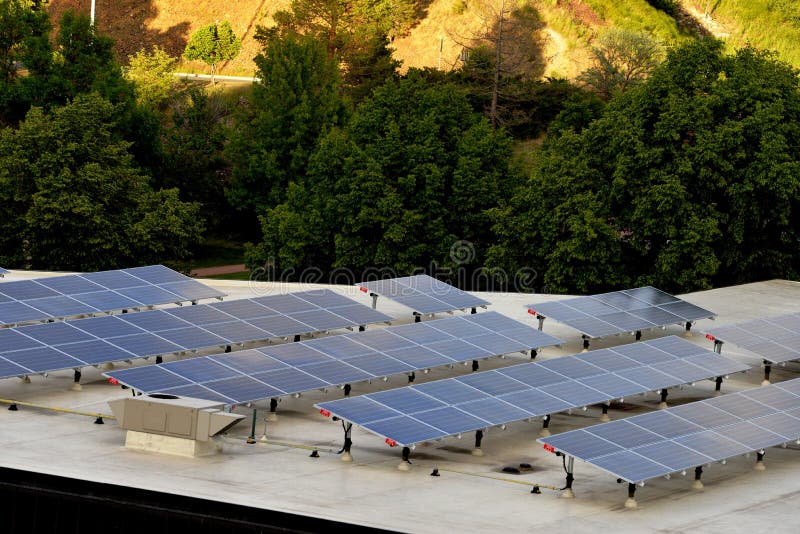 Small Solar Panel Farm in an Urban Area. Stock Image - Image of ...