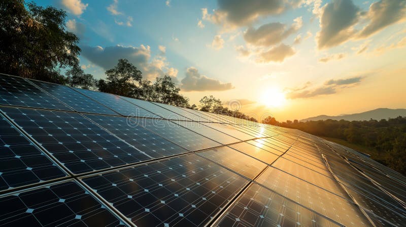 An Array of Solar Panels with a Sun Reflection Stock Illustration ...