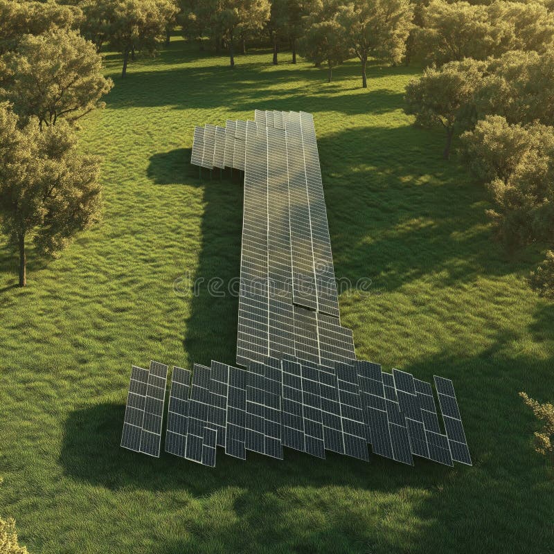 Solar Panels Shaped As Number One on Green Landscape with Trees Stock ...