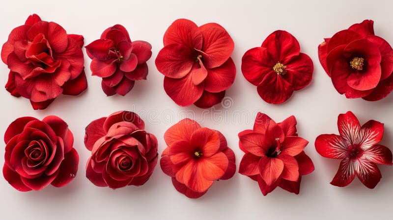 A Vibrant Arrangement of Various Red Flowers Displayed on a Neutral ...