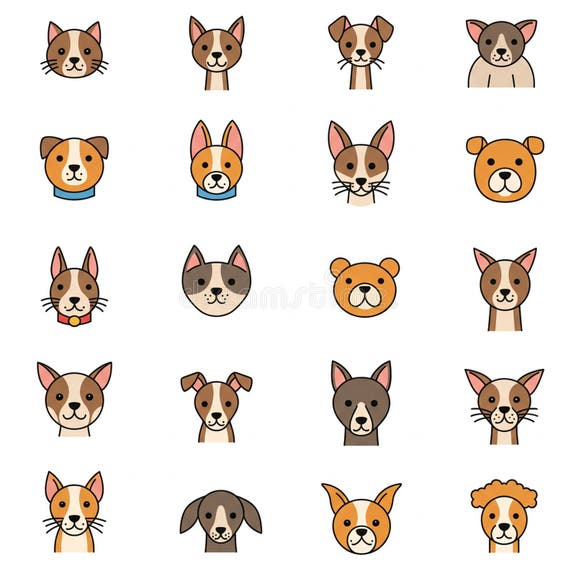 Array of 20 Stylized Animal Faces, Including Dogs, Cats, and Bear-like ...