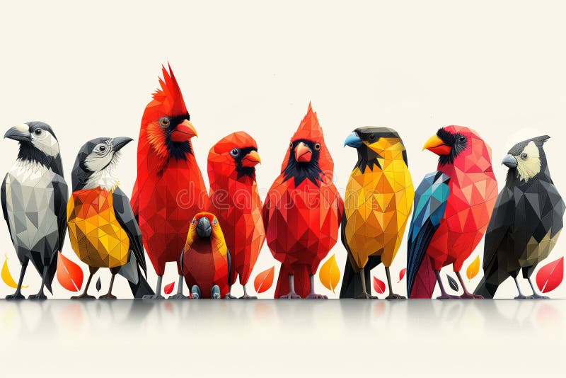 Array of Stylized Birds in Geometric Art Style Featuring Vivid Colors ...