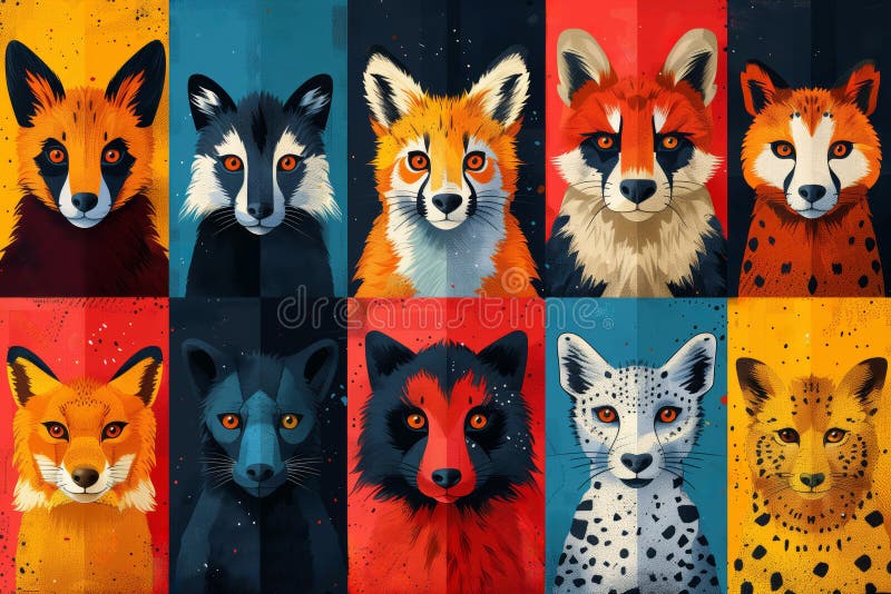 Array of Stylized Fox Portraits with Unique Patterns and Textures on ...
