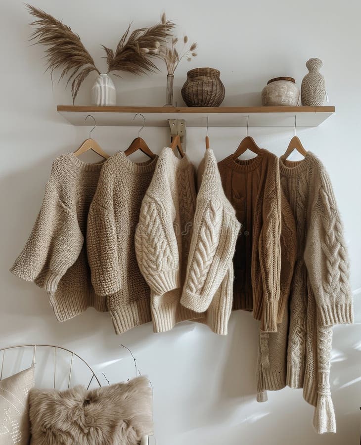 Array of Sweaters Hanging on Rack in Room Stock Photo - Image of ...