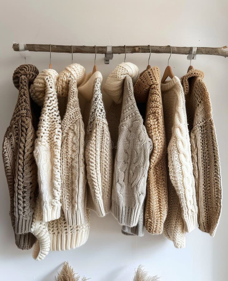 Array of Sweaters Hanging on Rack in Room Stock Photo - Image of ...
