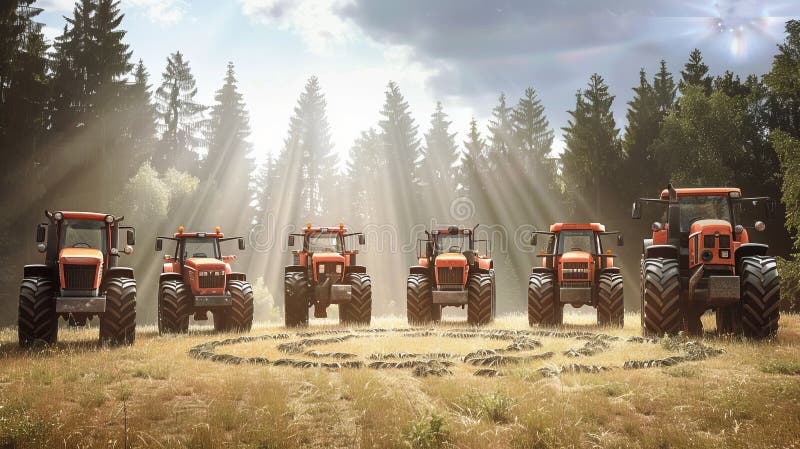 Array of Tractors on Farm Field Under Sunbeams with Forest Backdrop ...