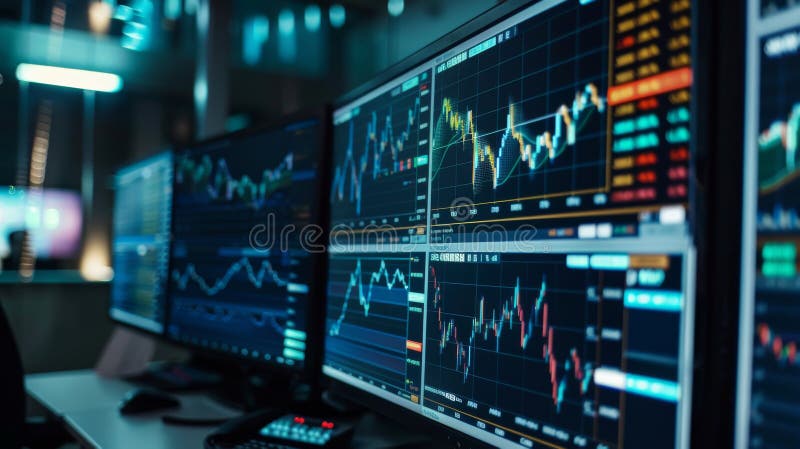 Trading Platforms on Monitors Displays Showing Stock Market Charts with ...