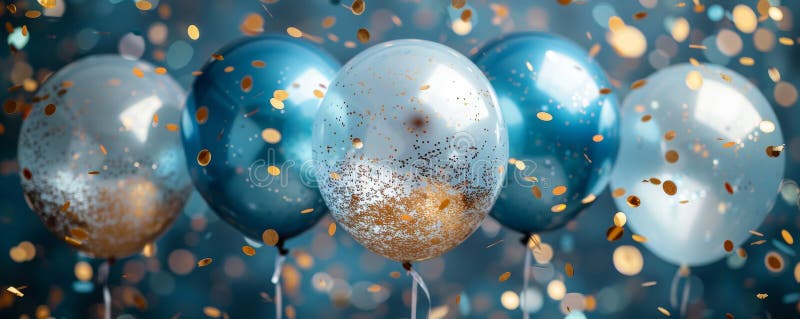 Array of Transparent and Blue Foil Balloons with Confetti on Blurred ...