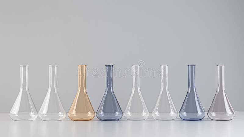 Array of Transparent Laboratory Flasks of Different Colors Neatly Lined ...