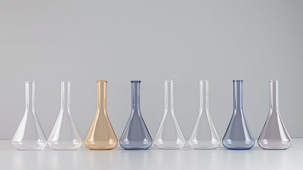 Array of Transparent Laboratory Flasks of Different Colors Neatly Lined ...