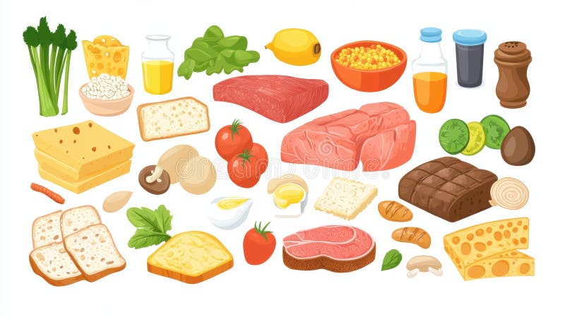 Array of Various Food Items Including Meats Vegetables and Cheeses ...