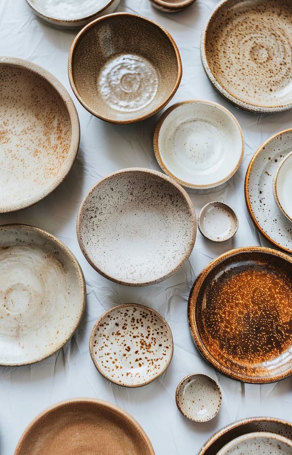 Assortment of Handcrafted Ceramic Dishes on a Neutral Background in ...