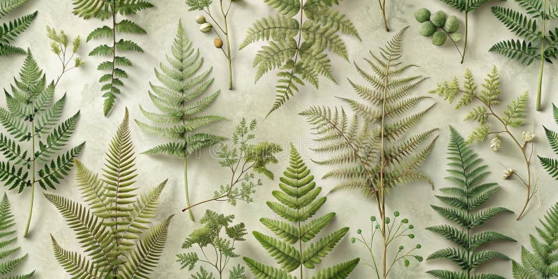An Array of Verdant Ferns and Delicate Foliage Arranged on a Pale Green ...