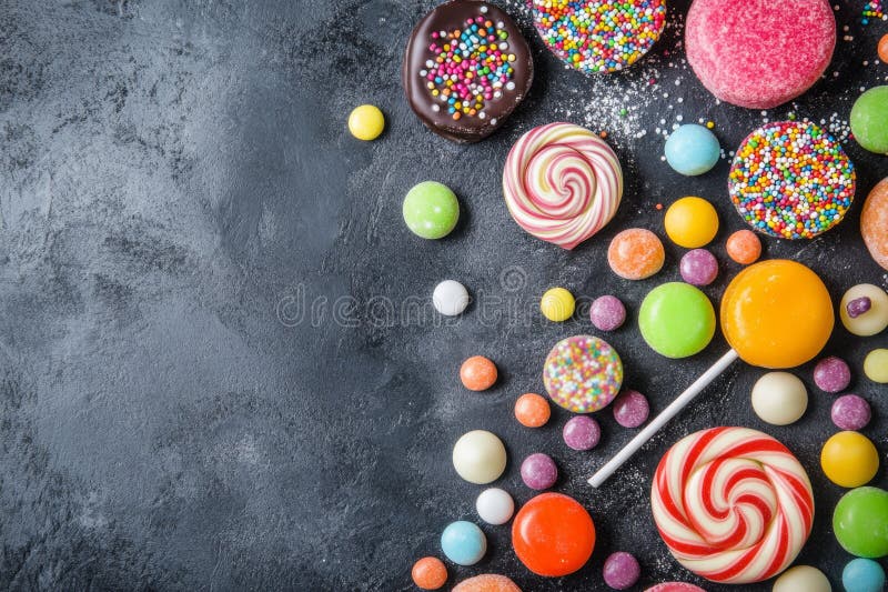 An Array of Vibrant Candies and Lollipops is Spread Across a Dark ...