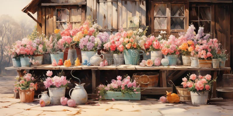 Array of Vibrant Flowers on Display at a Rustic Wooden Market Stall ...