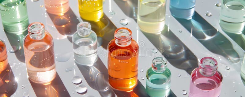 An Array of Vibrant Liquid-filled Bottles on a Sleek Glass Surface ...