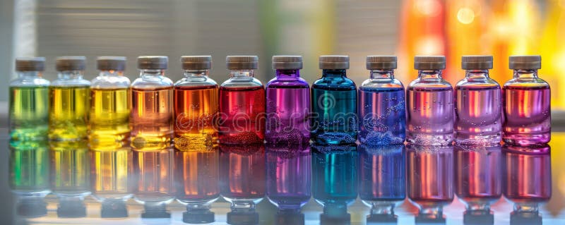 An Array of Vibrant Liquid-filled Bottles on a Sleek Glass Surface ...