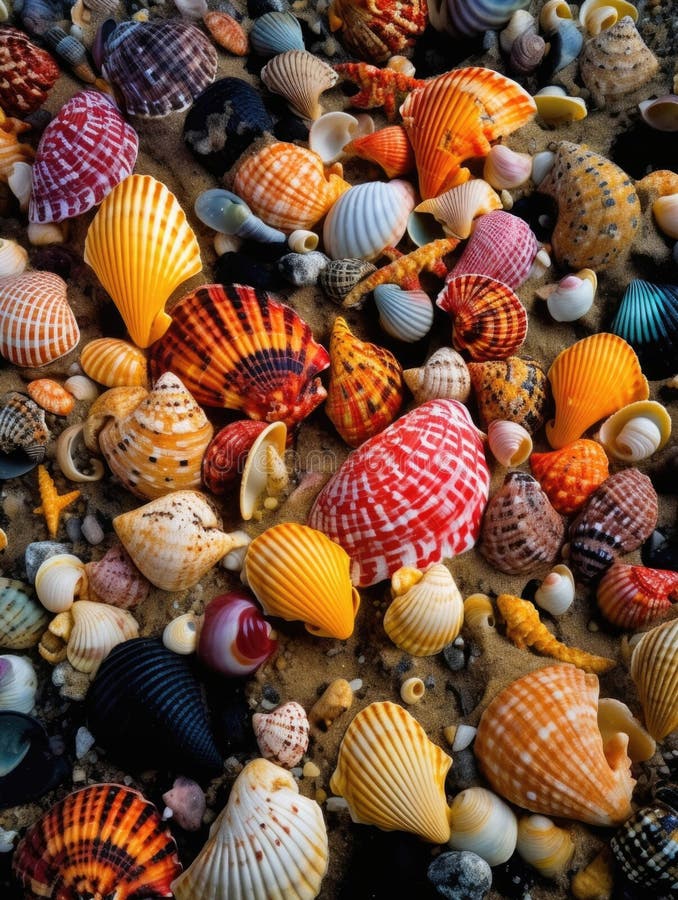 An Array of Vibrant Shells Lay Tered Along the Seabed. Stock ...