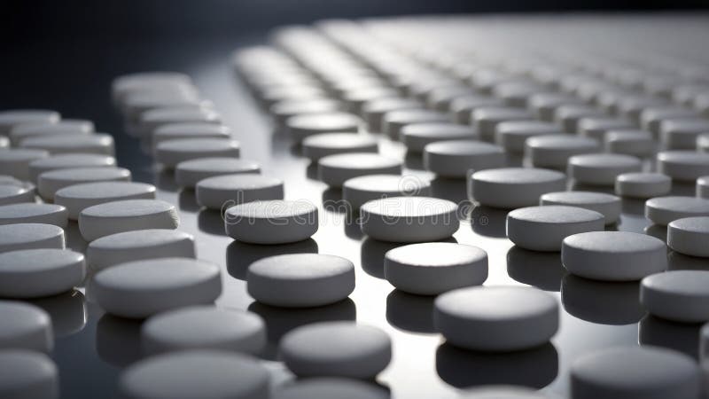 Array of White Circular Pills Aligned in Rows on Reflective Surface in ...