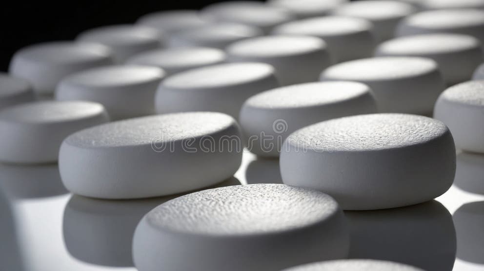 Array of White Circular Pills Aligned in Rows on Reflective Surface in ...