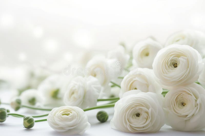 Array of White Ranunculus Flowers Lying on a Soft White Surface. Lush ...